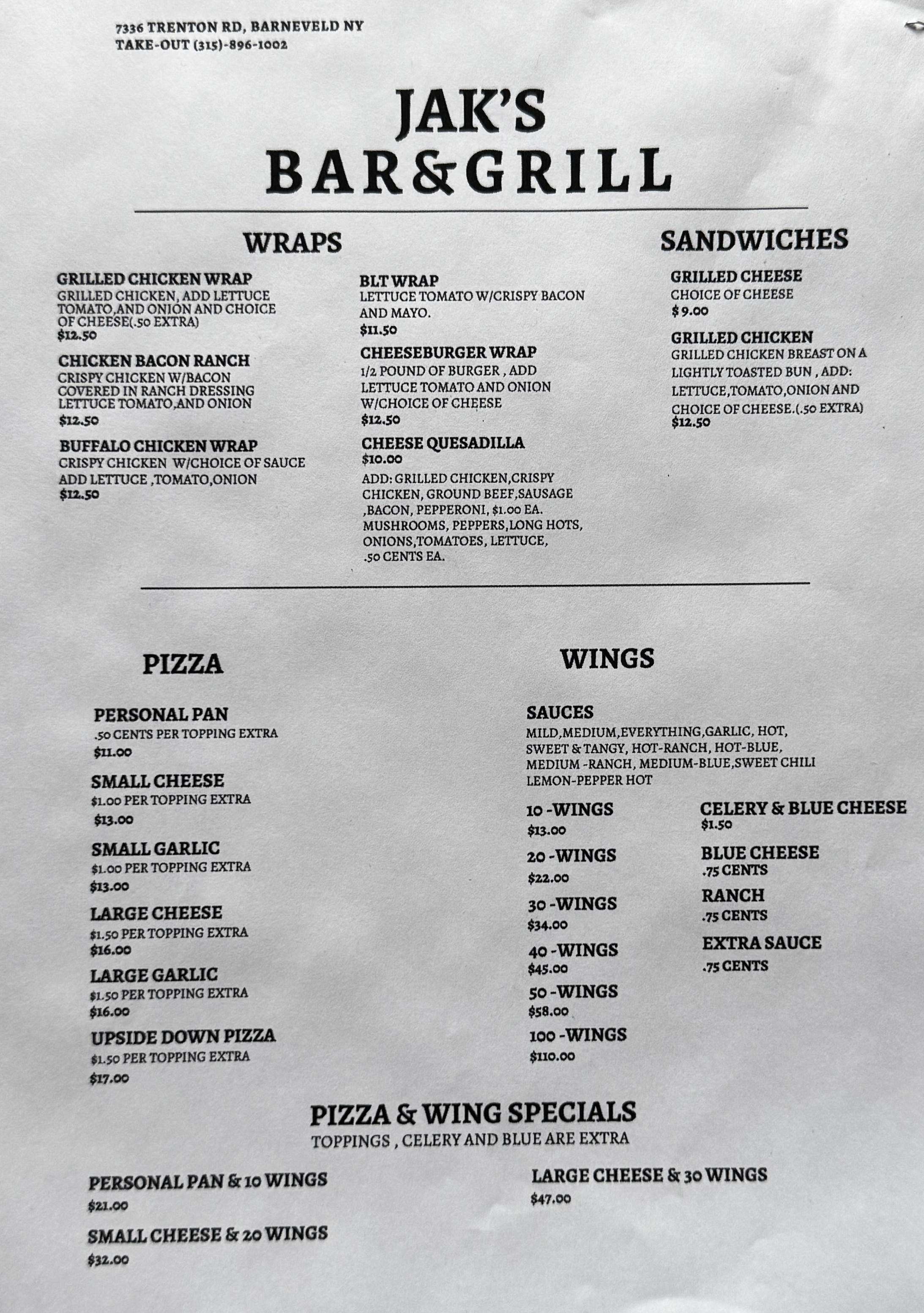Menu and Specials – Jak's Bar & Grill